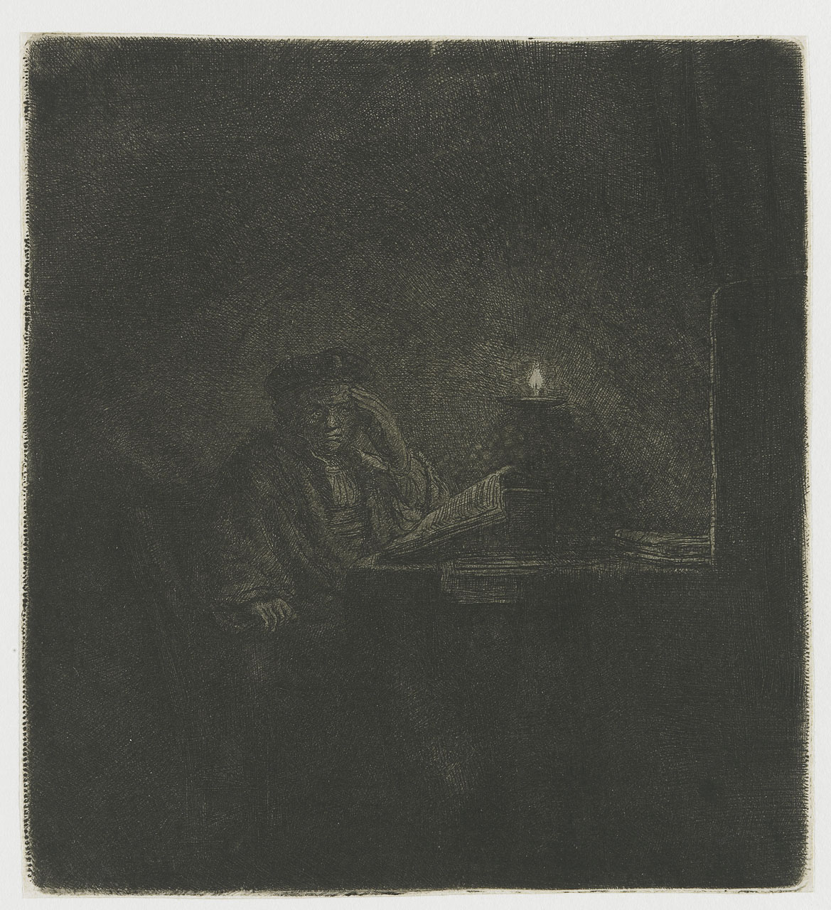 Student at a table by candlelight, 1642 - Rembrandt - WikiArt.org